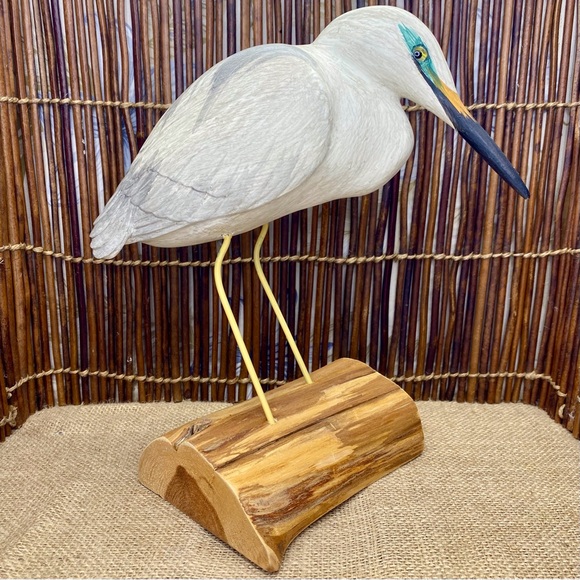 Other | Vintage Hand Carved Wooden Egret Bird Decoy Statue Wood Base ...